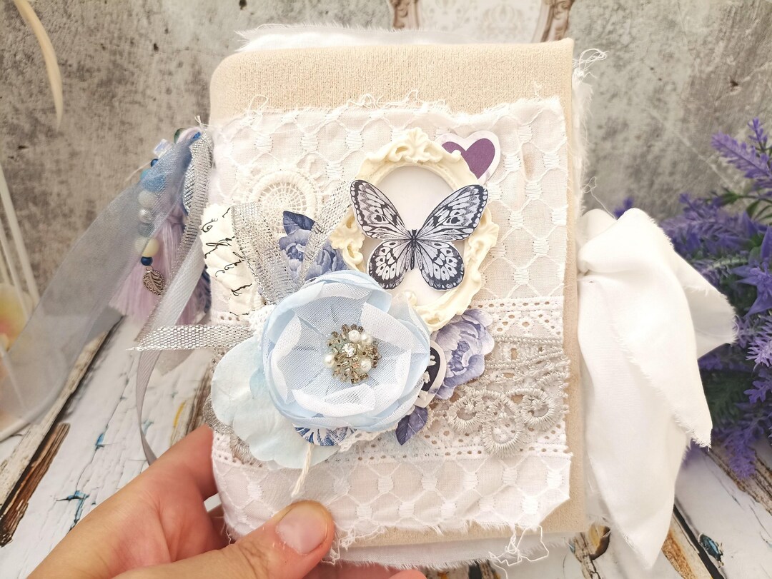 Lace Floral Butterfly Junk Journal Handmade Blank Wedding Blue Flower ...