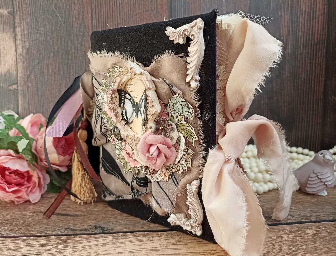 Rose Butterfly Dark Junk Journal Handmade Blank Black Floral Victorian ...