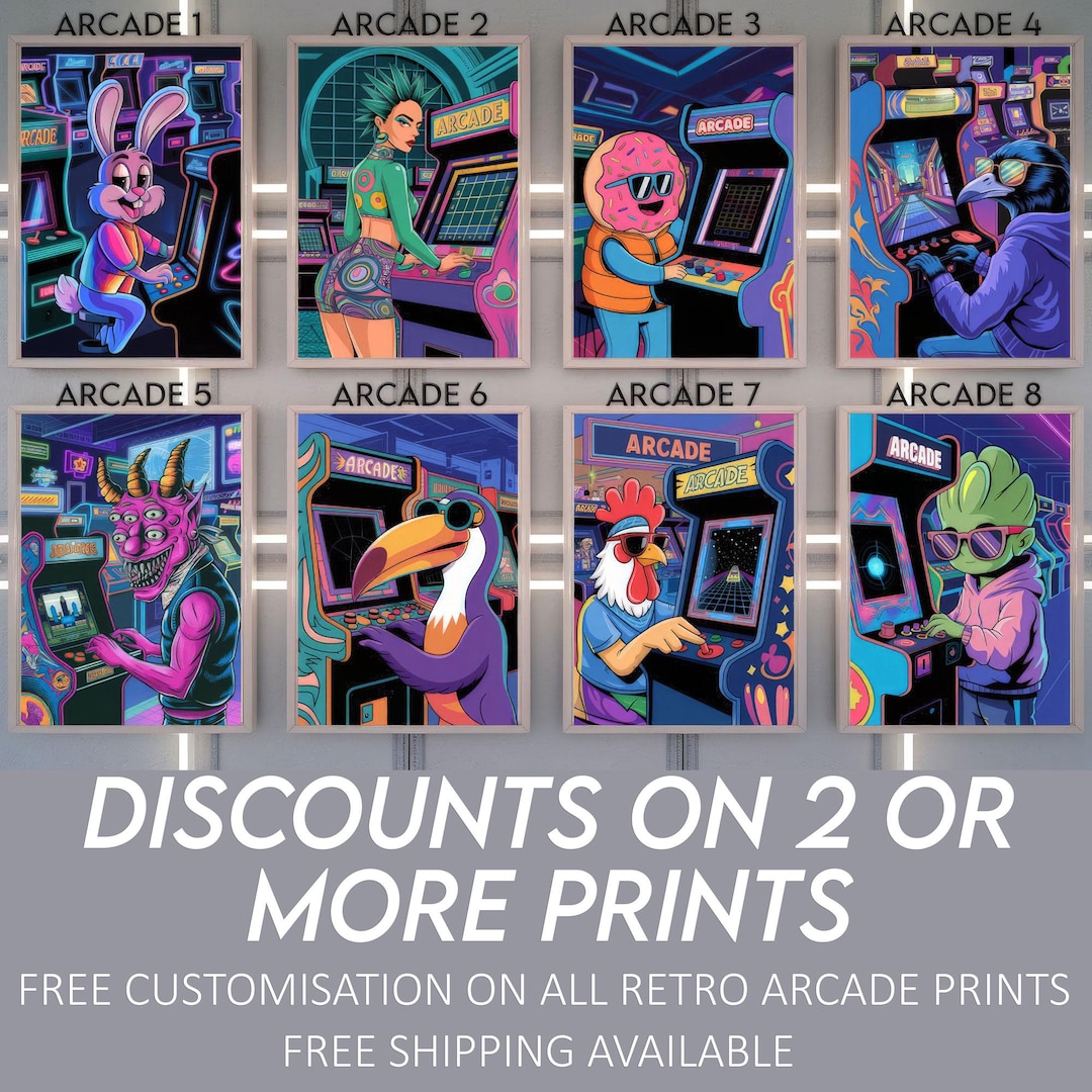 Custom Retro Arcade Art Prints 80s Gamer Characters Wall Art Colorful ...