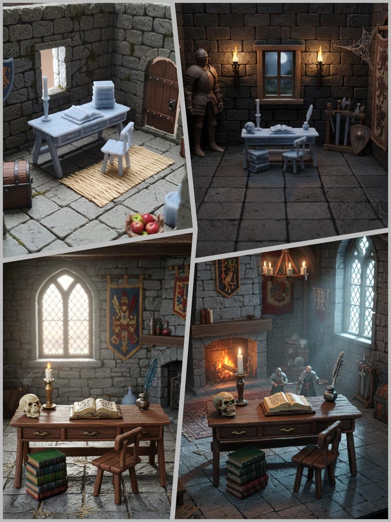 Middeleeuws bureau, tafel, toonbank, werkblad, houtlook, miniatuur ...