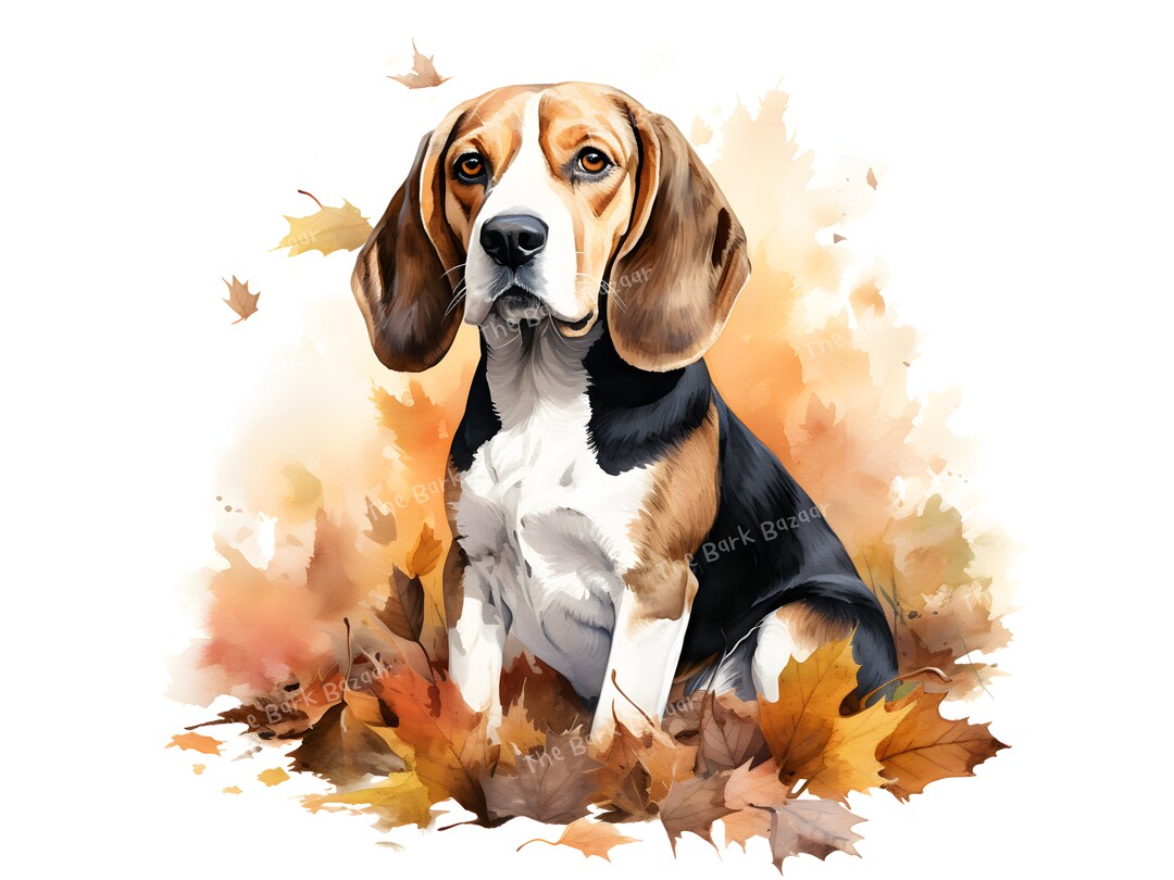 Watercolor Beagle JPG Clipart, Fall Dog Image, Autumn Dog Portrait, Dog ...