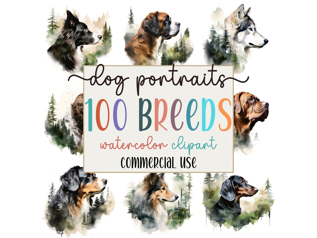 Dog Portraits Clipart Mega Bundle, Watercolor Dog Breed Sublimation ...