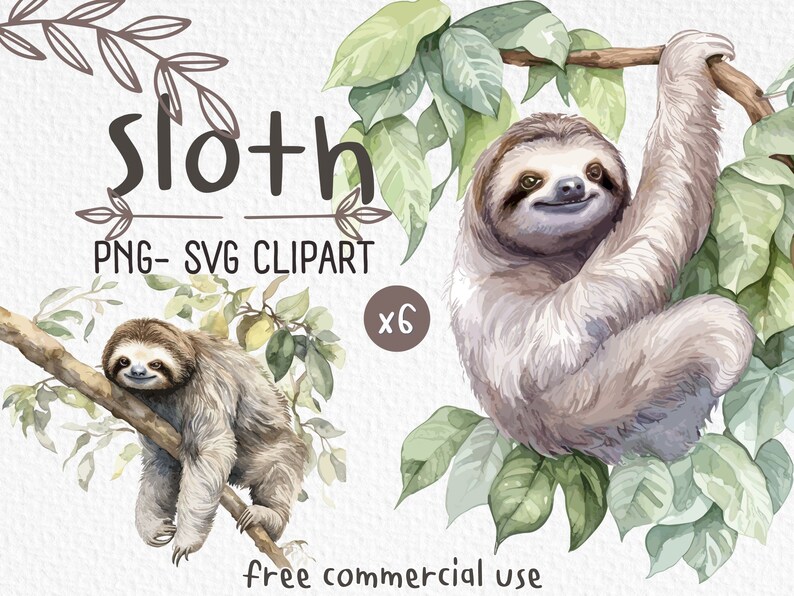 Watercolor Sloth Clipart 6 High-quality PNG SVG Files 300 - Etsy