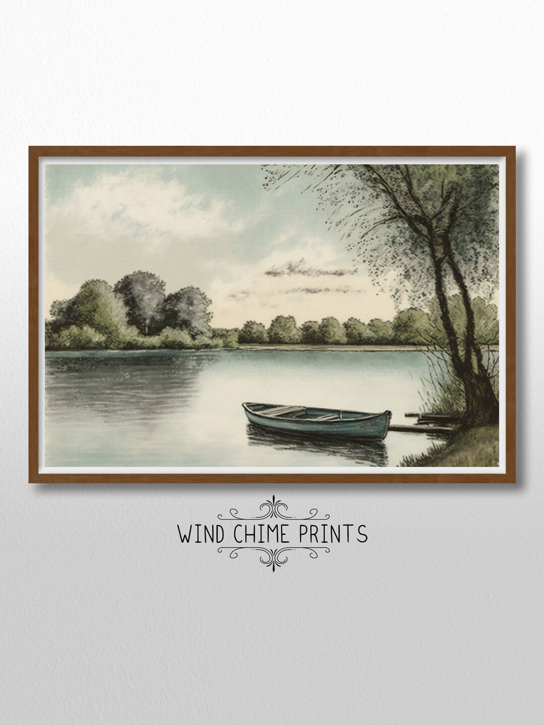 Neutral Tone Art - Kayak on the Lake Painting / Muted Beige / Landscape ...