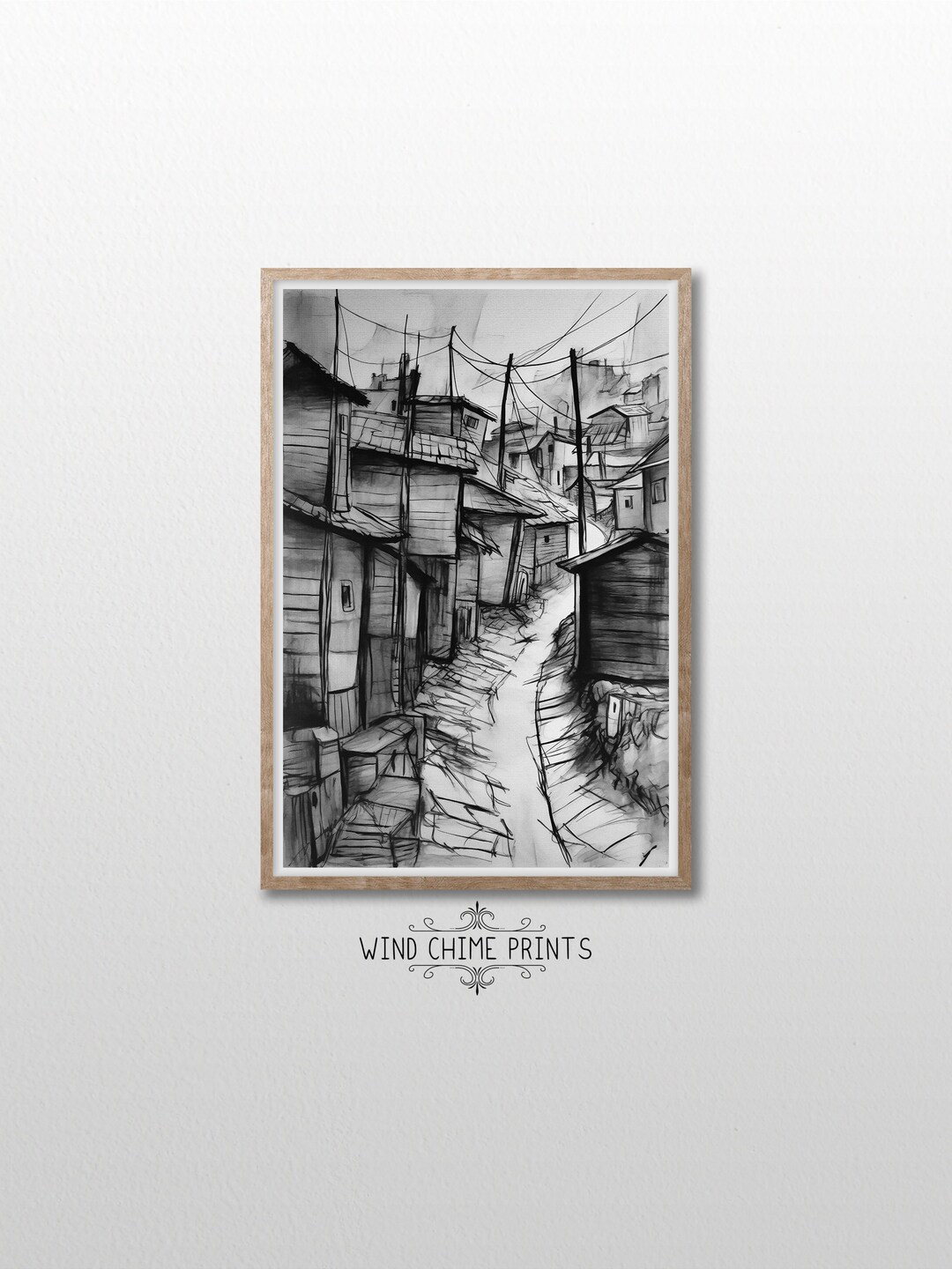Minimalist Neutral Village Sketch / Black and White / Charcoal Drawing ...