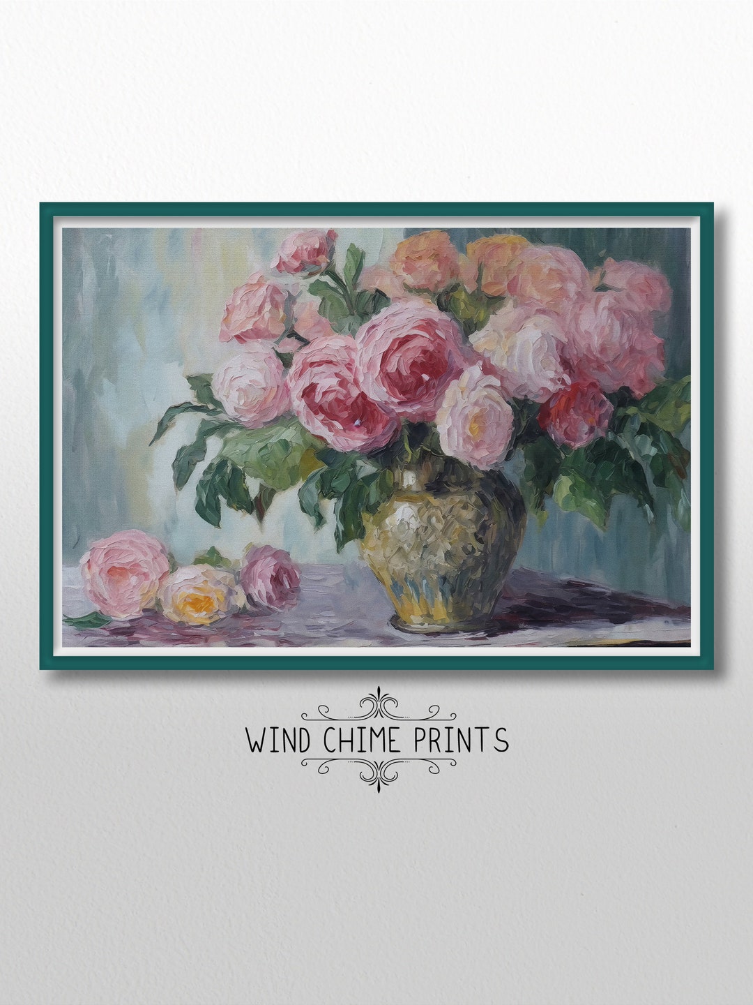 Rustic Pink Roses in Antique Vase Painting / Accented Cool Tones / Wall ...