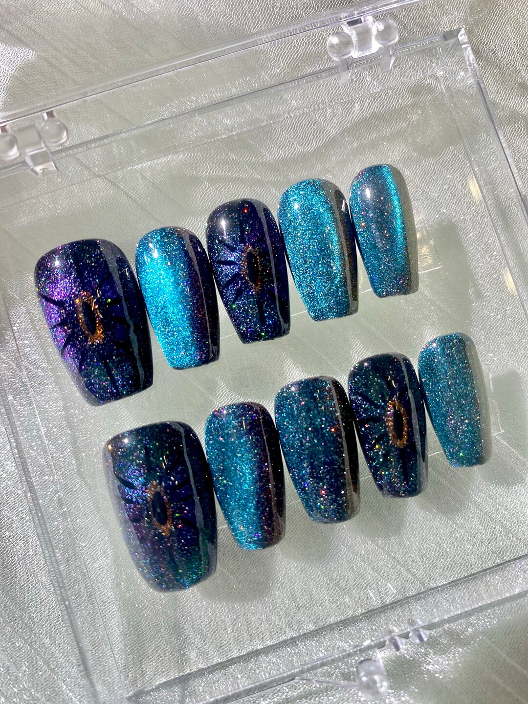 Devil Eye Blue Ombre Press on Nails Handmade Cat Eye Press on Nails ...