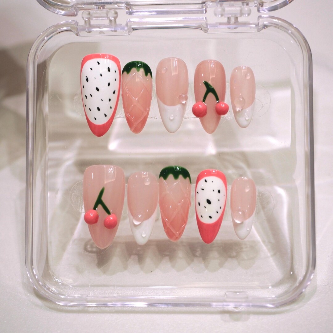 Pink Fruit Press on Nails Fruit Garden-inspired French Tip Summer ...
