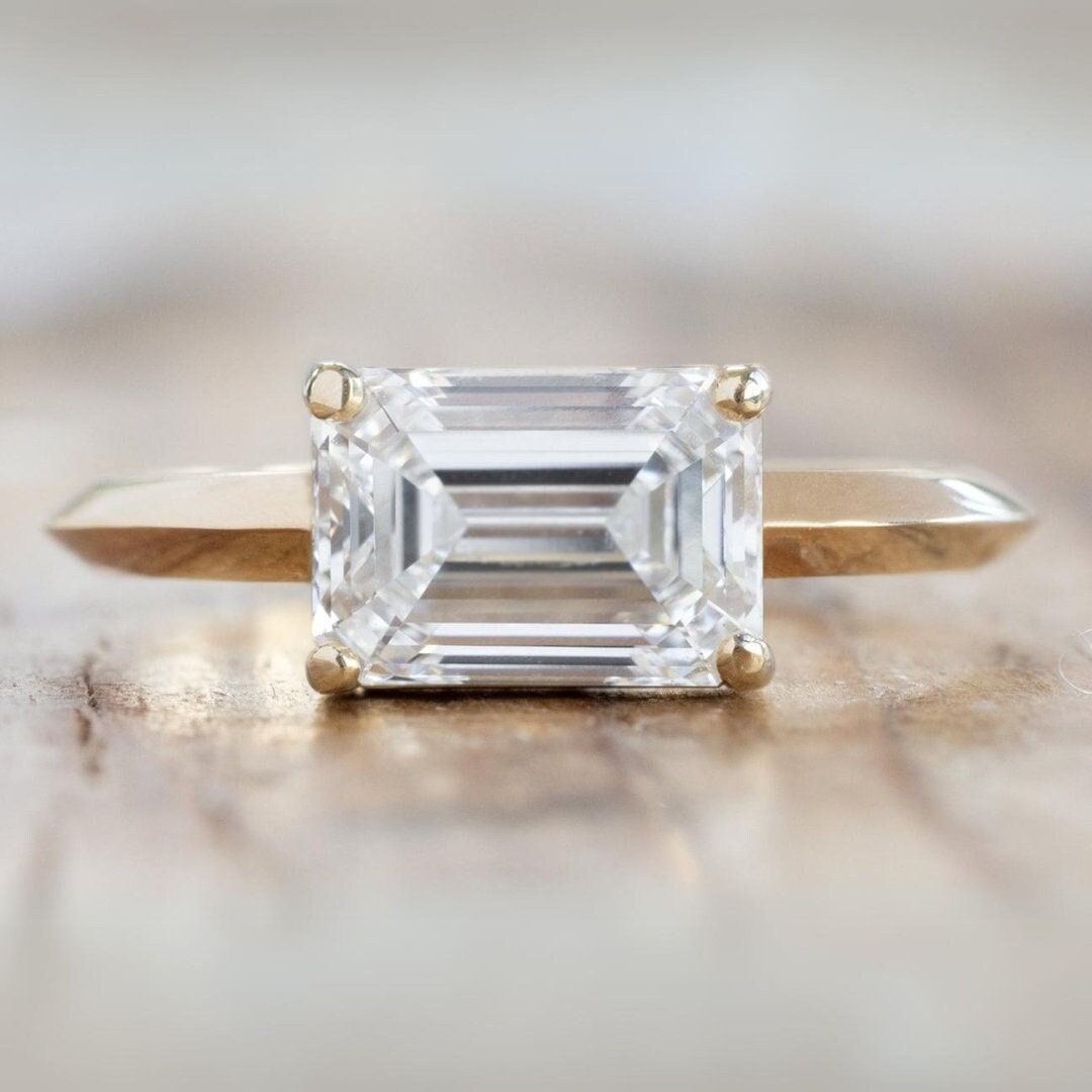 Solid Gold Emerald Cut Engagement Ring, 2 Ct Emerald Cut Lab Grown Ring ...