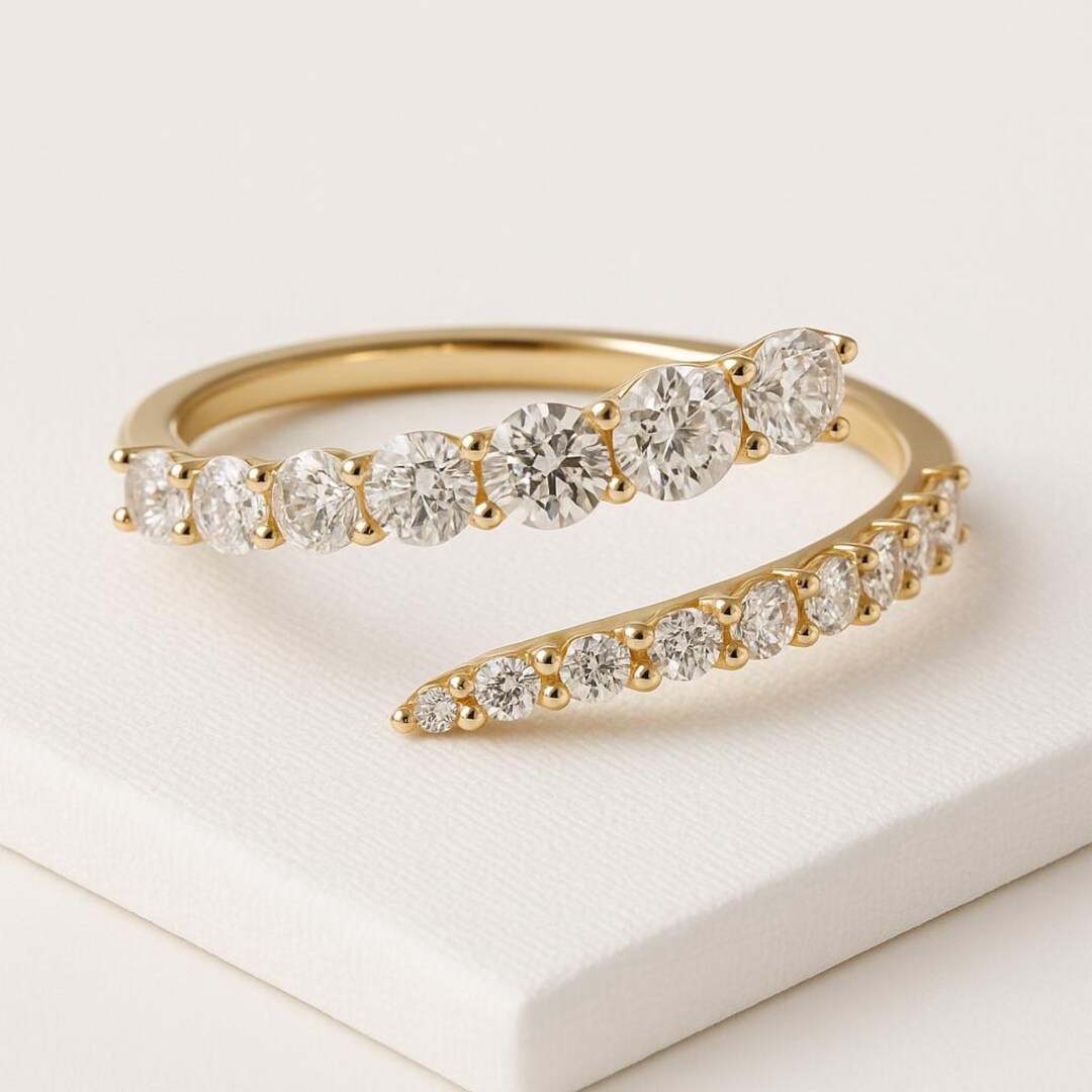 Round Diamond Wrap Ring, Open Lab Diamond Band, Yellow Gold Spiral Wrap ...