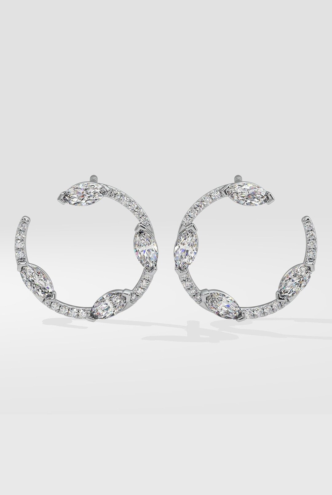 Diamond Hoop / 14k Gold Marquise Shape and Round Diamond Earrings ...