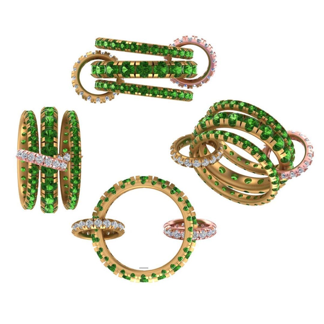 Emerald Connected Ring, 14K Gold Linked Connect Ring, Gemstones ...