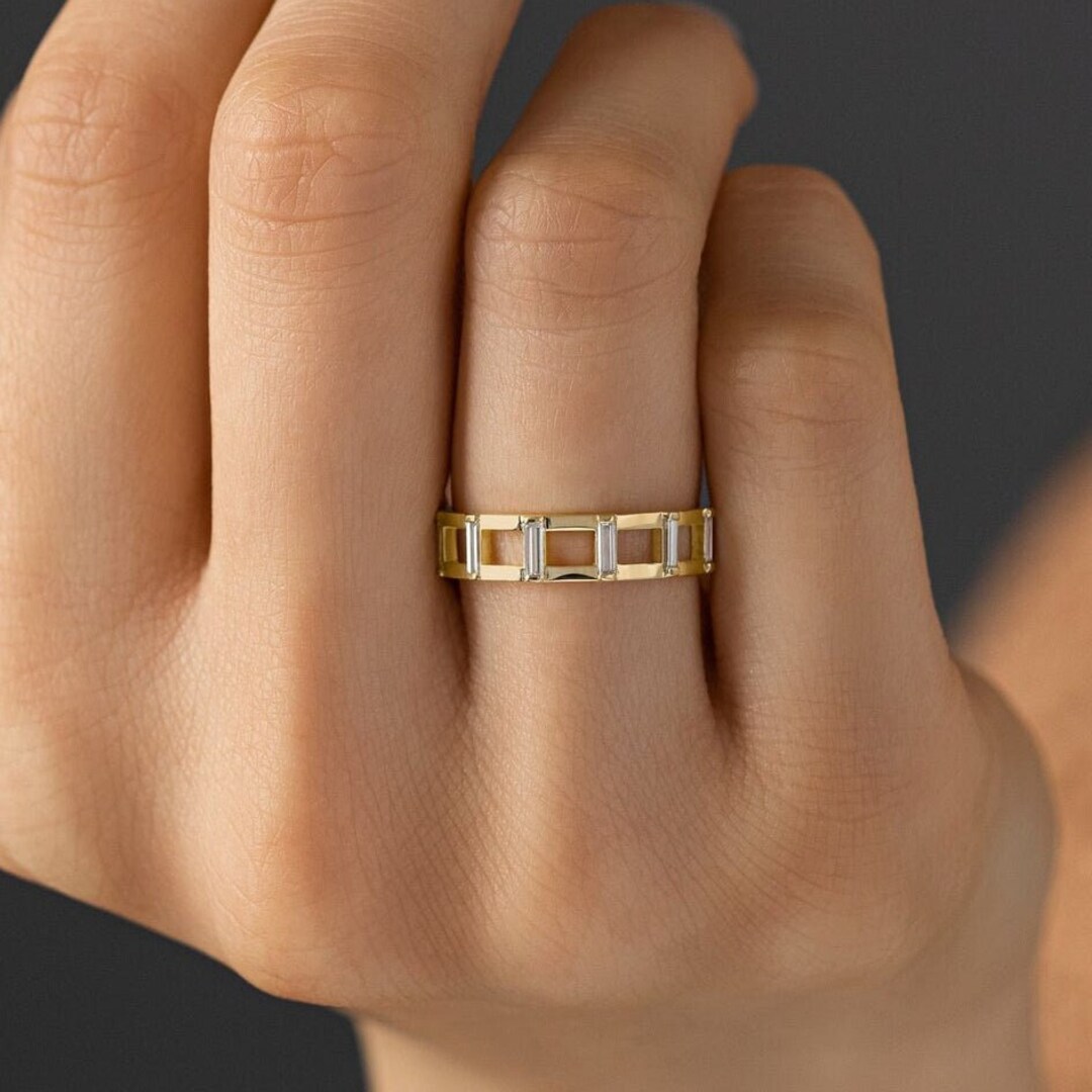 Diamond Baguette Ladder Ring, 18K Gold Vertical Baguette Ring, Thick ...
