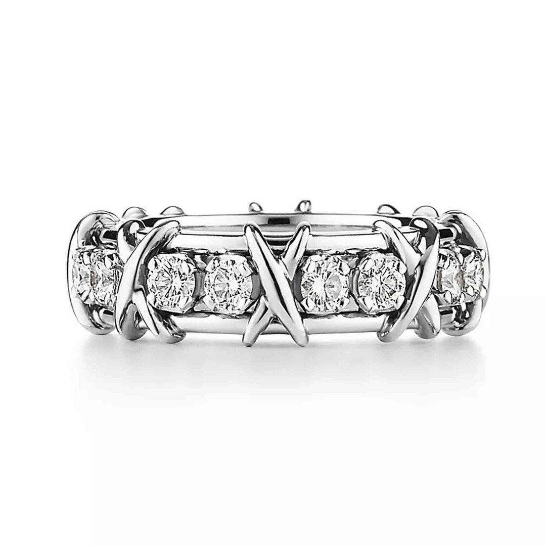 Cross Wedding Band, Round Cut Anniversary Band, Two Tone Full Eternity ...