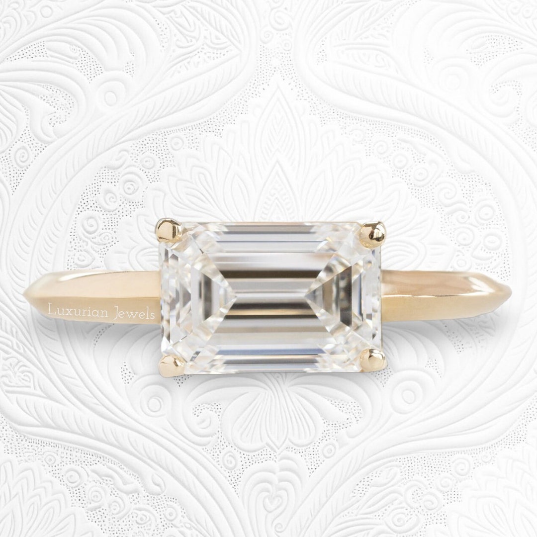 Emerald Cut Diamond Engagement Ring, Four Tab Prong Solitaire Wedding ...