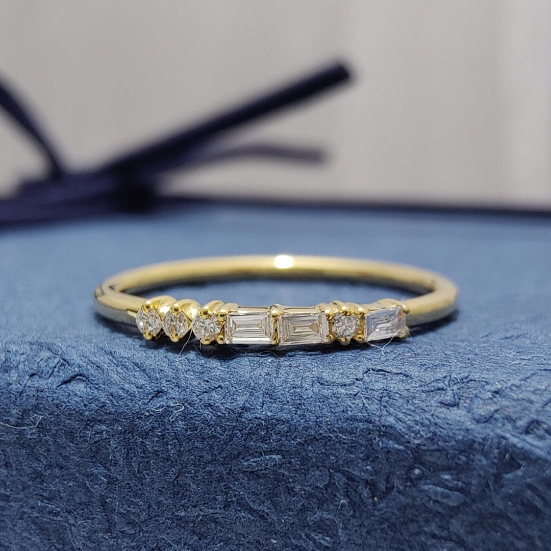 14K Solid Gold Morse Code Diamond Ring, Baguette and Round Cut Diamond ...