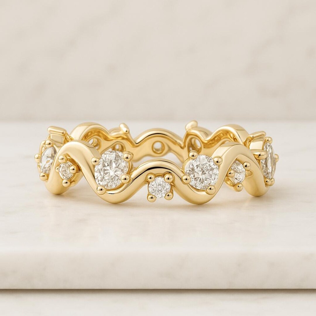 Lab Grown Diamond Zig Zag Band, 14k Yellow Gold Full Eternity Ring - Etsy