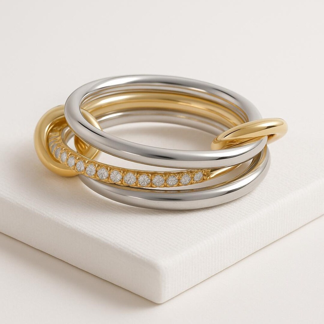 14K Solid Gold Multi Link Connected Ring, Chunky Two Tone Connector ...