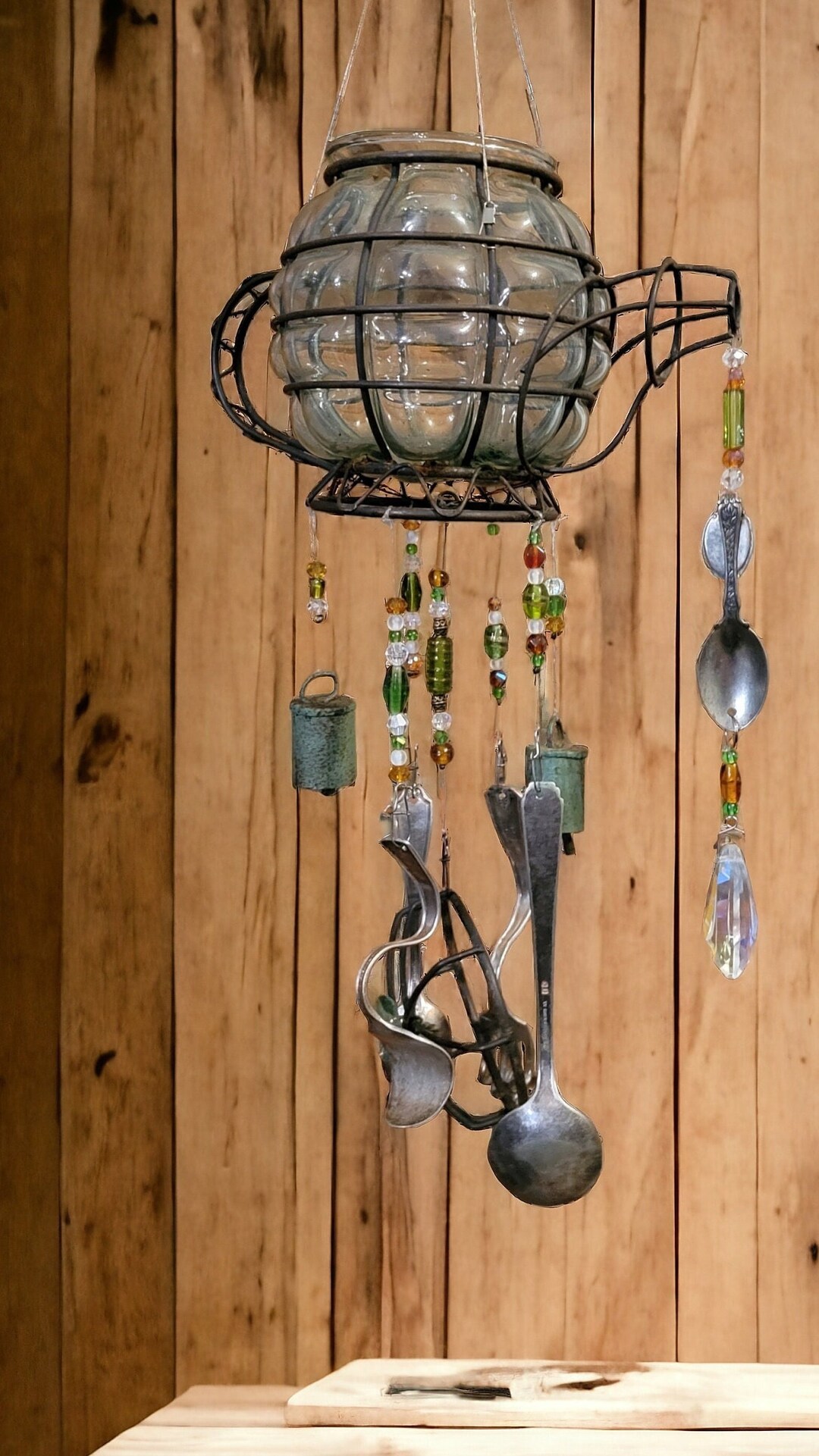 Antique Blown Glass Kettle Rustic Metal Frame With Lid Wind Chime ...