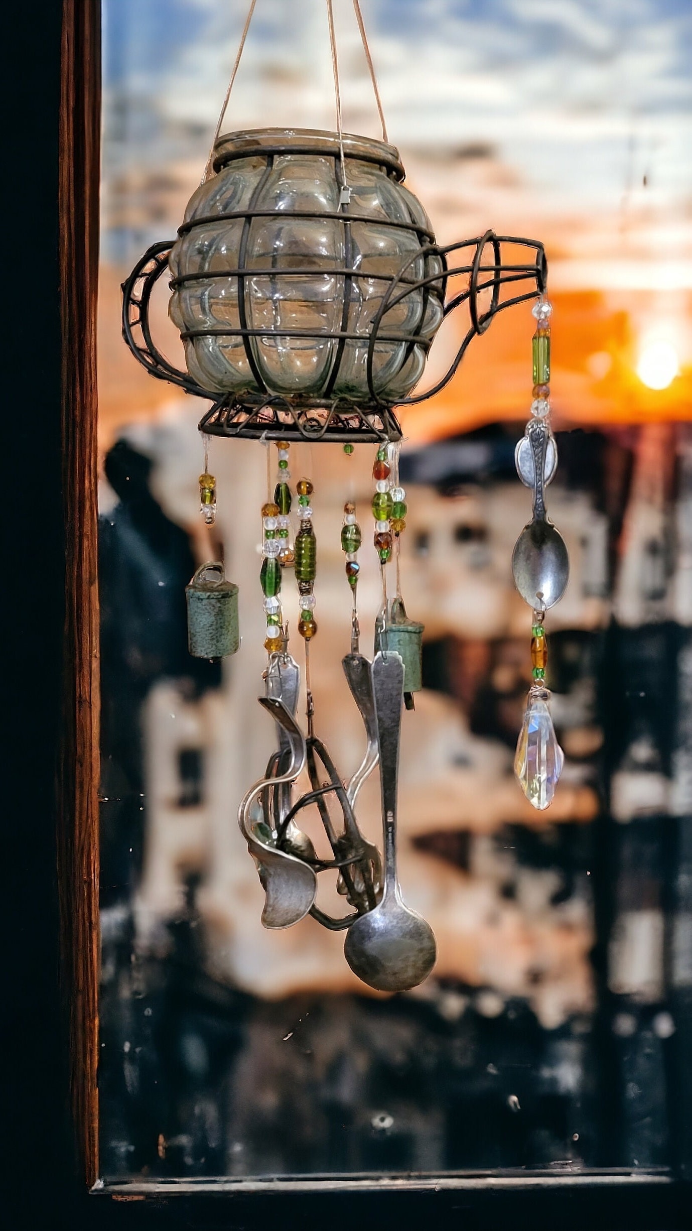 Antique Blown Glass Kettle Rustic Metal Frame With Lid Wind Chime ...