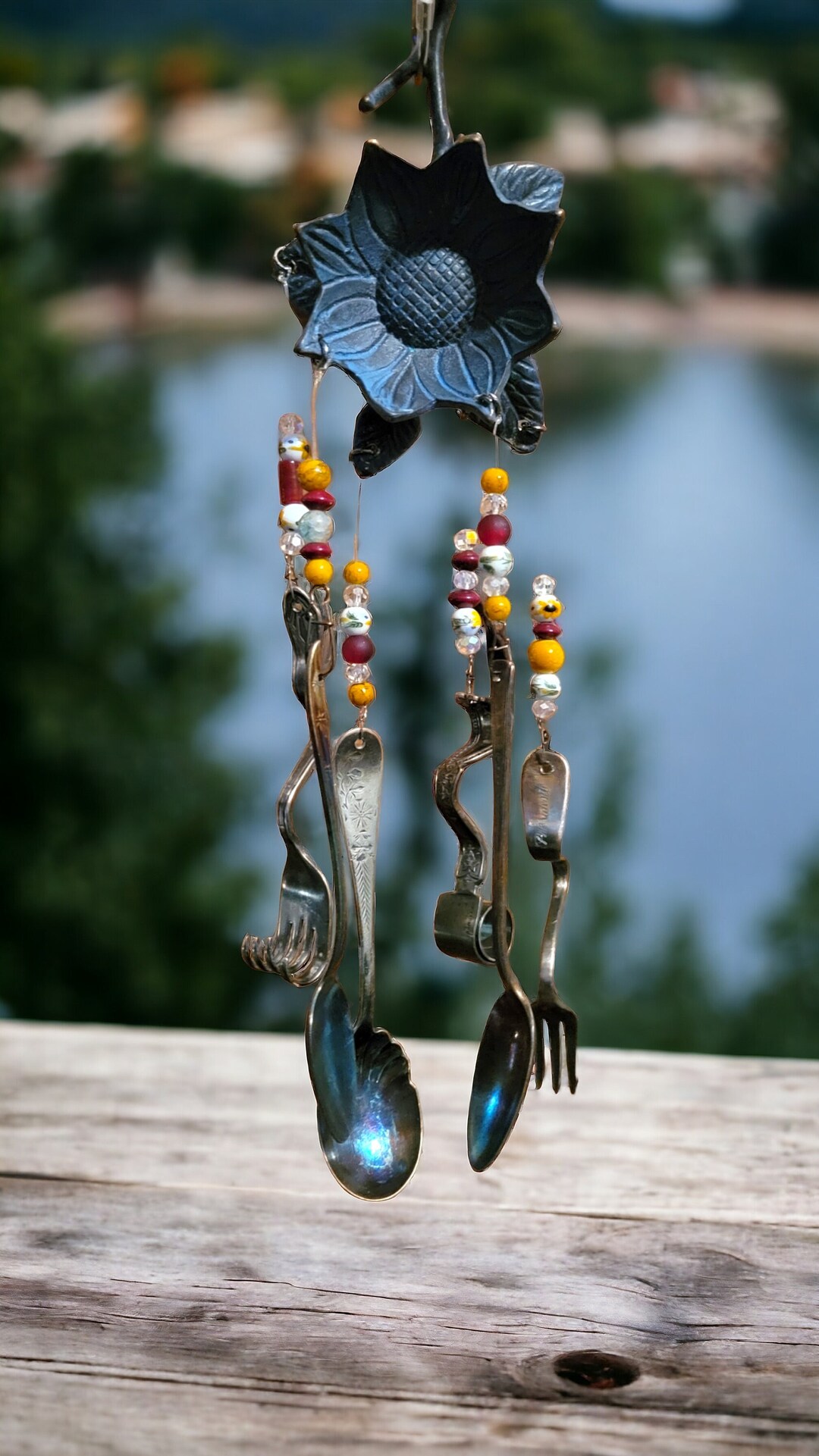 Garden Inspired Cast Iron Flower Wind Chime Hand Painted Beads Crystal ...