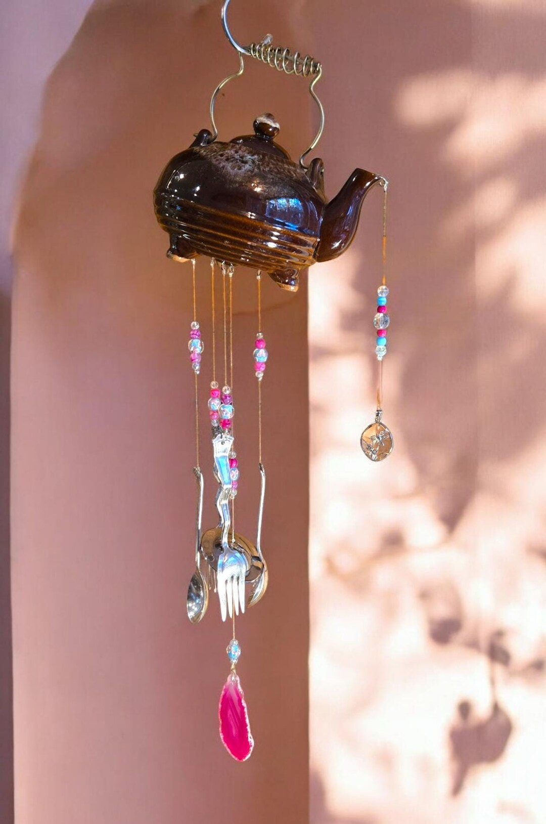Unique Vintage Pottery Tea Pot Kettle Wind Chime With Lid, Metal Handle ...