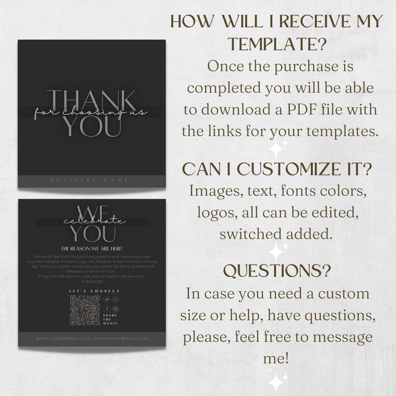 Square THANK YOU Card TEMPLATE Diy Small Business Canva Card Editable Black Thank You Package ...