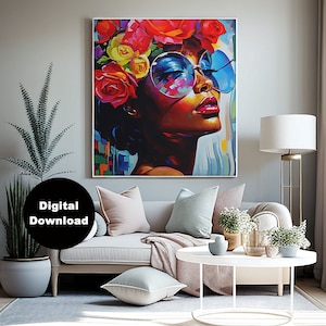 Modern Woman Portrait Art Print - Bold Colors and Floral Accents ...