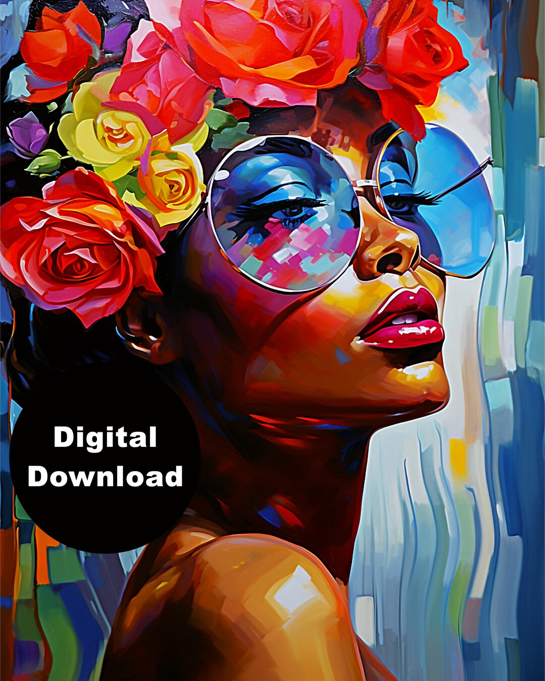 Modern Woman Portrait Art Print - Bold Colors and Floral Accents ...