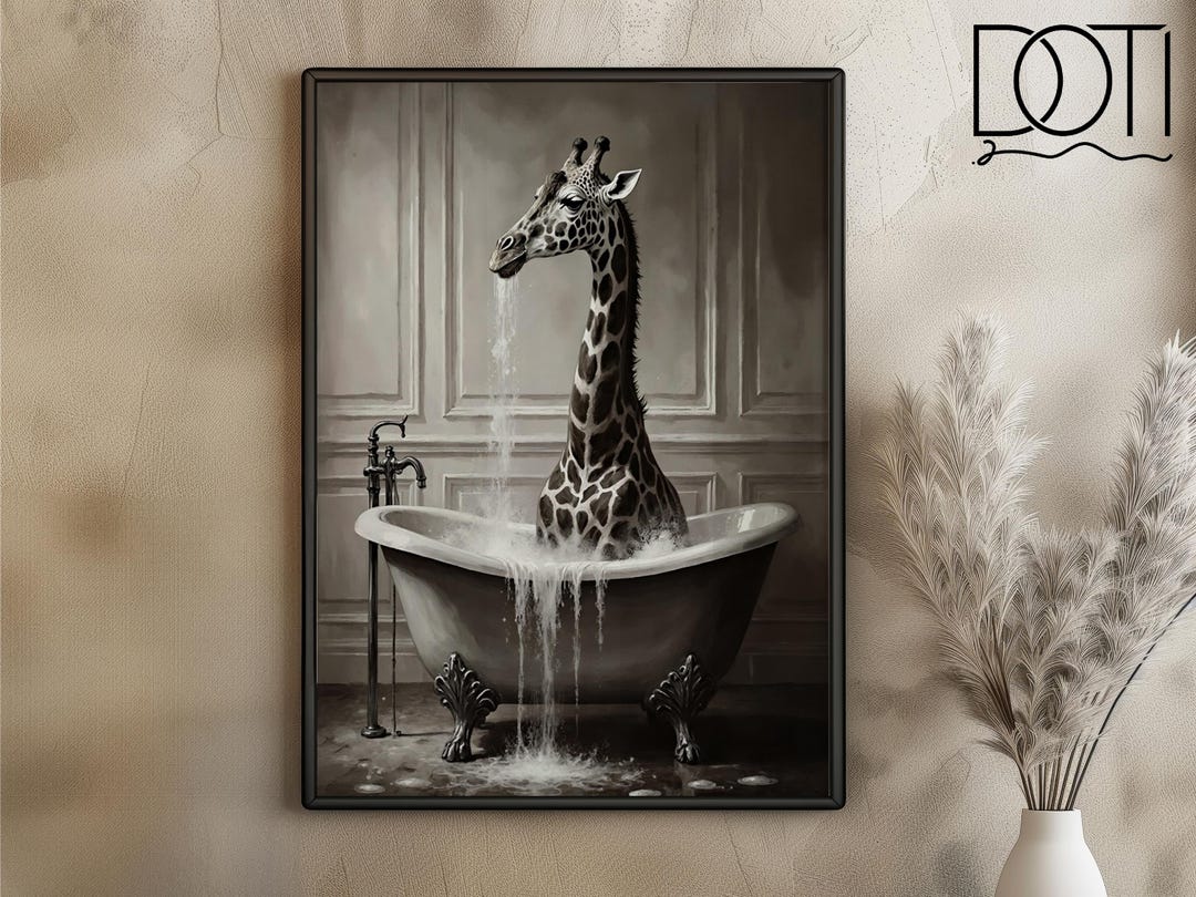 Bathtime Giraffe: Quirky Surrealist Art Print, Funny Monochrome ...