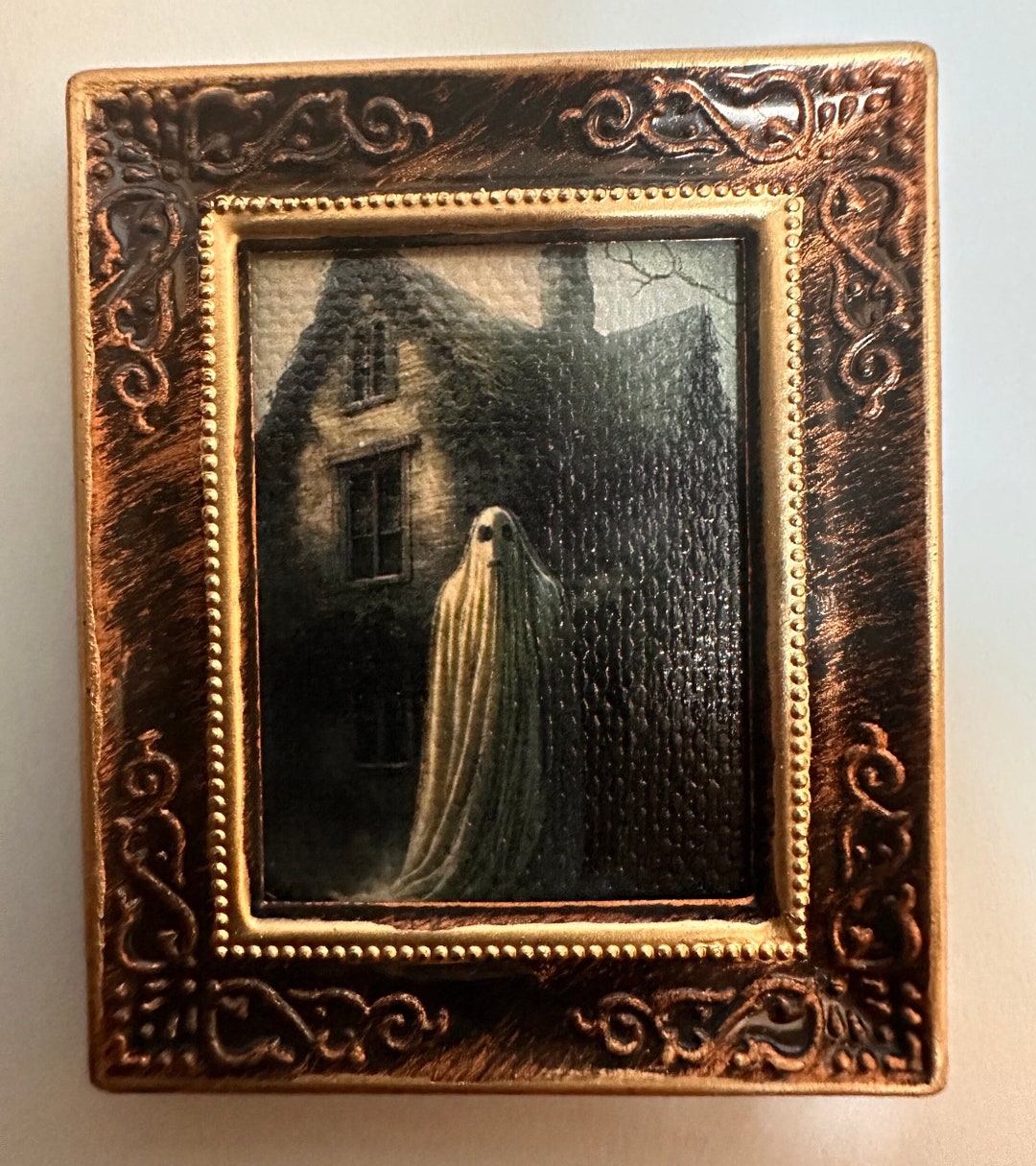 Miniature Art Creepy Ghost Mini Painting Halloween Scene Picture Framed ...