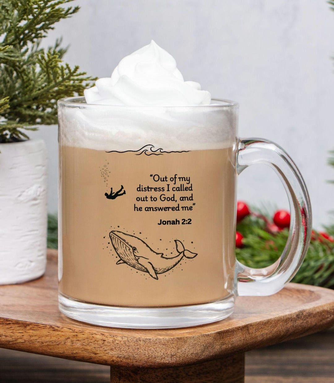 Jonah Scripture Glass Mug Gift Encouraging Verse Jonah 2 2 and the Whale Showing God is With Us ...