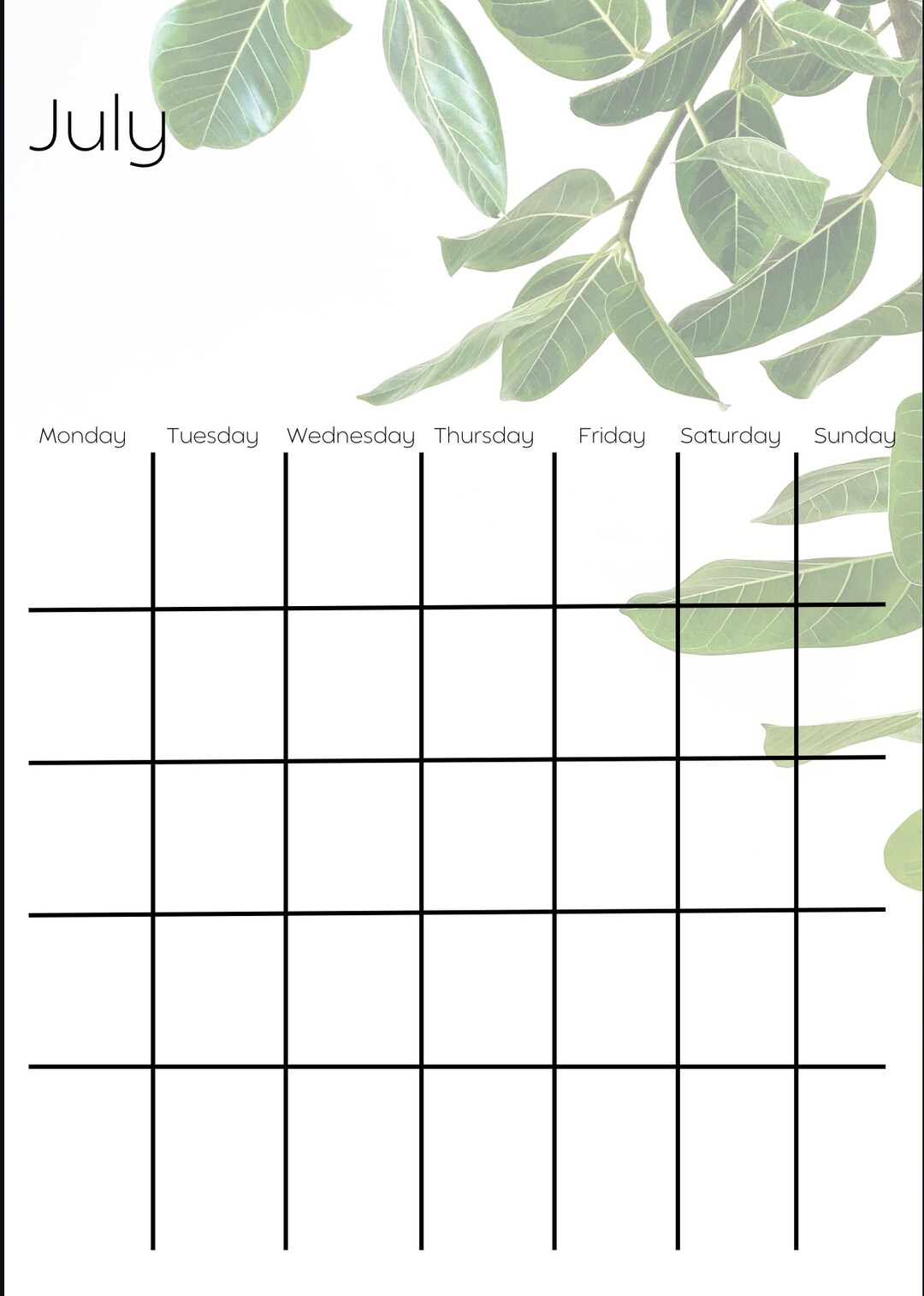 Leafy Minimalist Calendar Printable Undated Monday-starting - Etsy