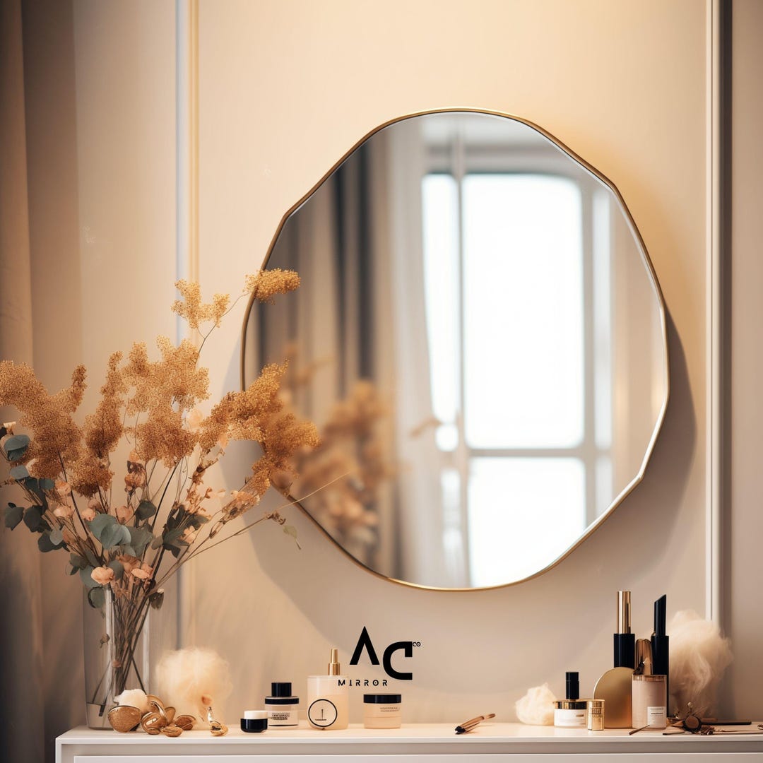 Elegant Gold Trimmed Vanity Mirror With Curved Frame for Bedroom or ...