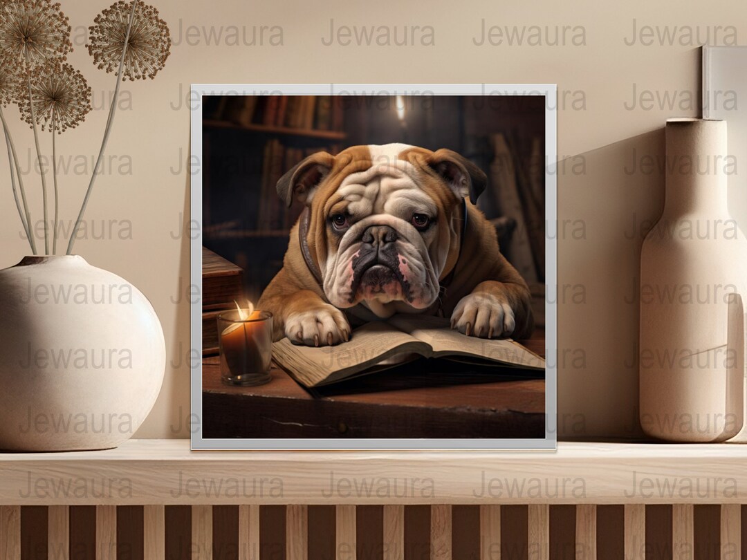Bulldog Reading by Candlelight Digital Print, Cozy Dog Study Room Wall ...