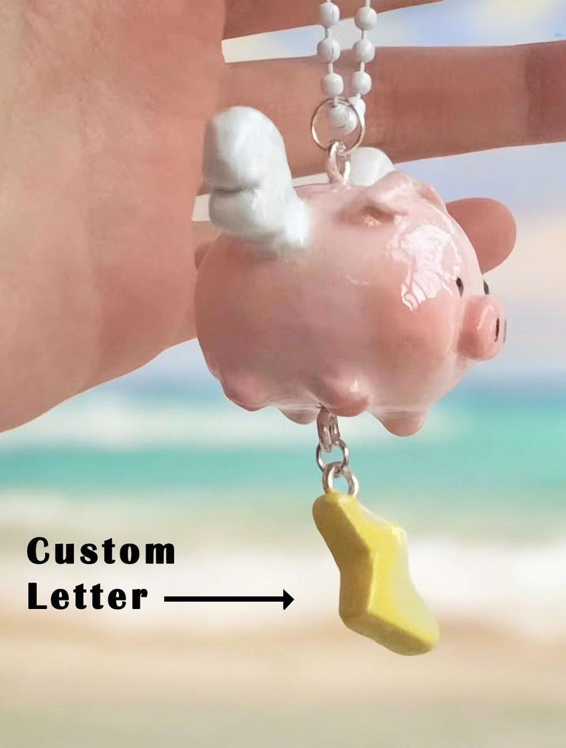Cute Pig With Wing Keychain, Custom Letter Keychain, Kawaii Cartoon ...