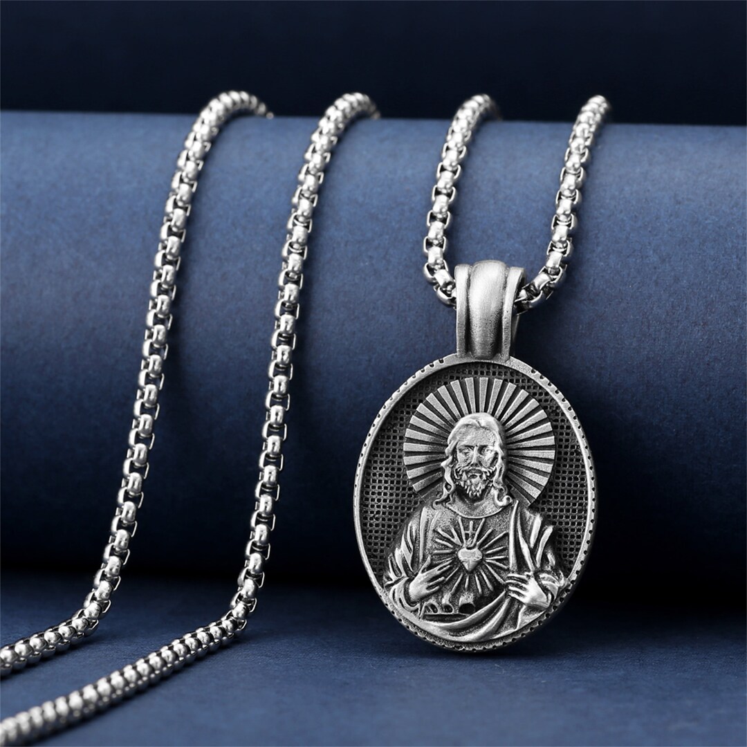 Silver Jesus Sacred Heart Mens Necklace, Savior Jesus Medallion ...