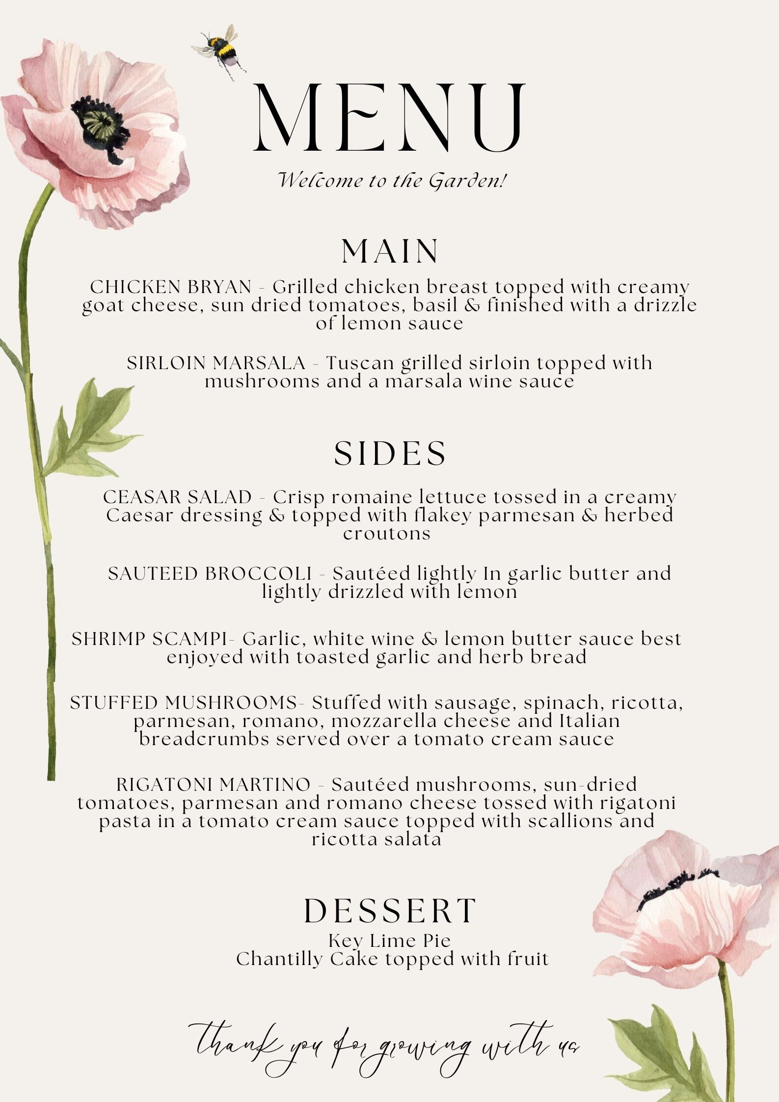 Customizable Garden Party Menu – Soft Pink, Bees and Poppy Flowers ...