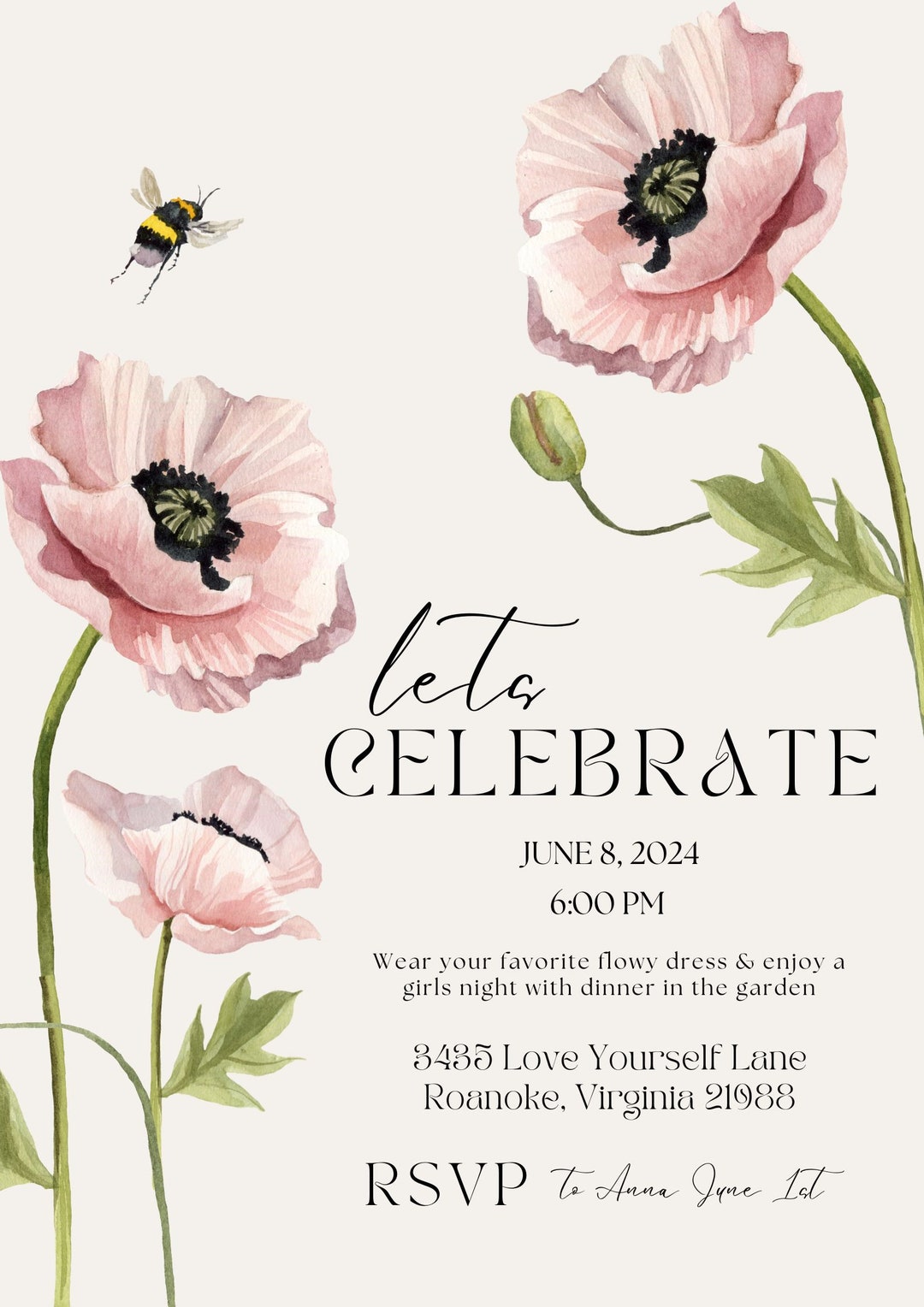 Customizable Garden Party Invitation – Soft Pink, Bees and Poppy ...
