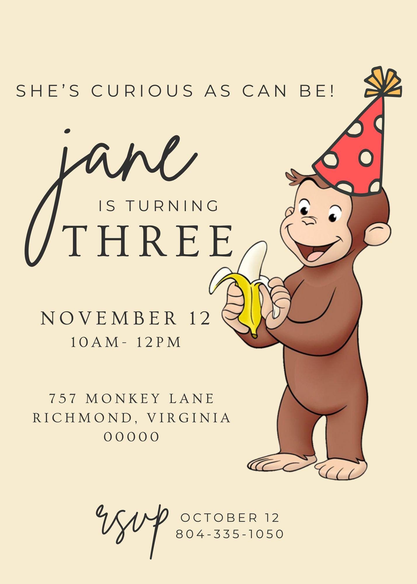 Curious George Monkey Birthday Party Invite - Etsy