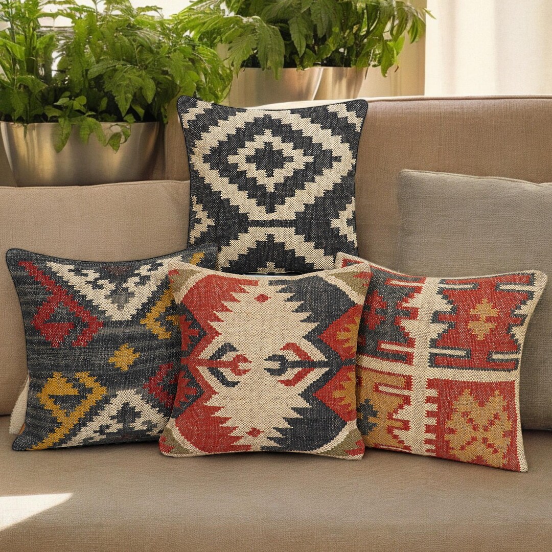 4 Set of Jute Vintage Kilim Pillow Covers, Home Decor, Handwoven ...