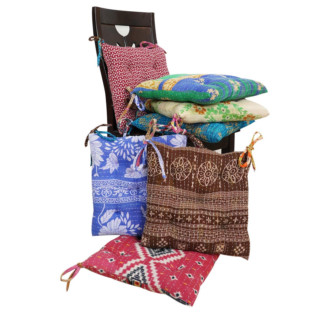 Indian Kantha Quilt Chair Pads With Tie Cotton Chair Cushion, Soft ...