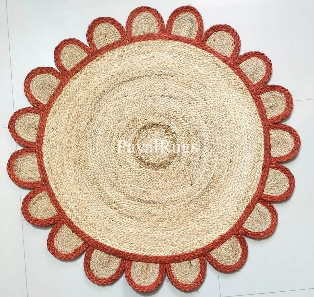 2x3 4x5 Natural Jute Scallop Red Round Rug Floor Scalloped Edge Rug ...