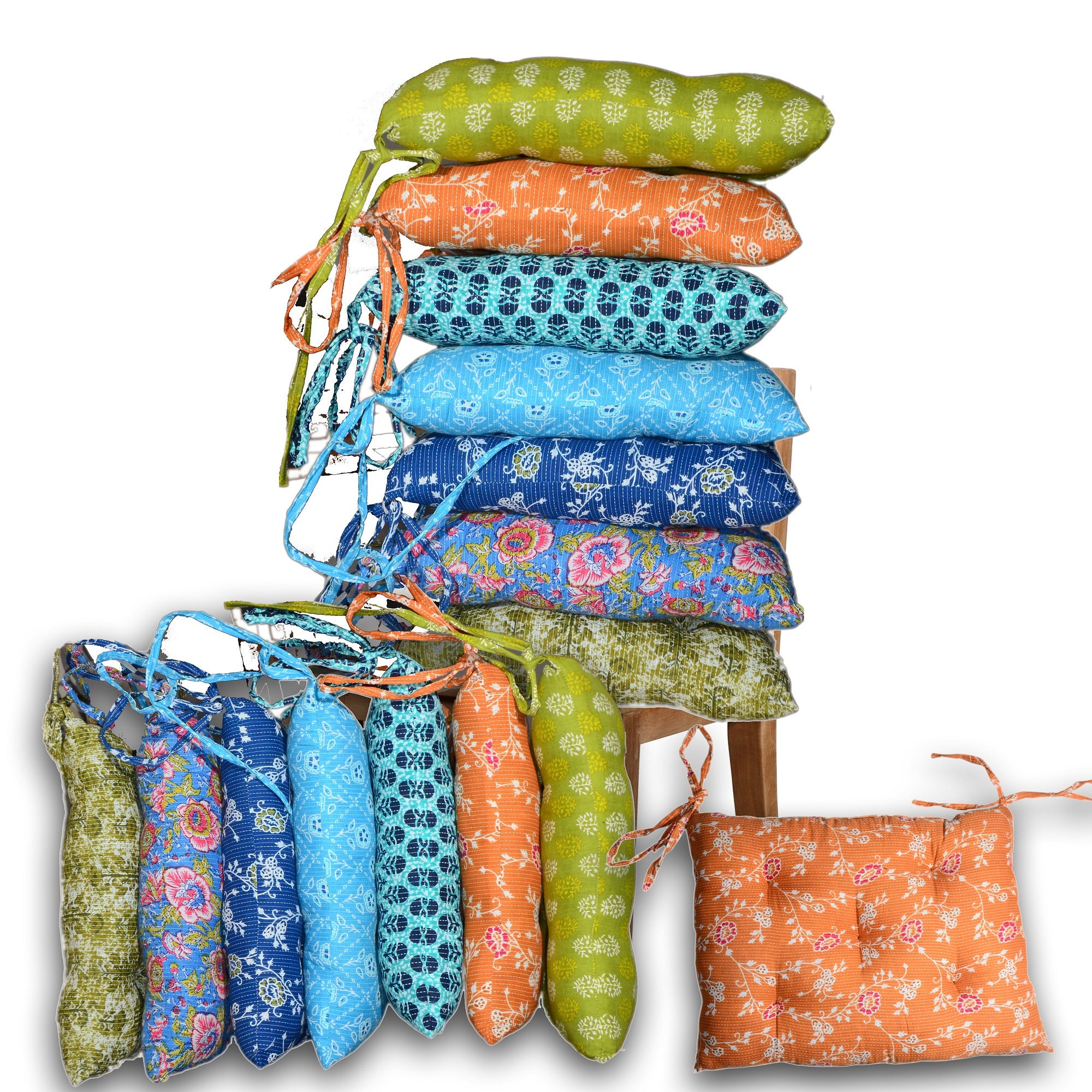 Indian Handblock Printed Floral Chairpad Mixed Assorated With Tie Leafy ...