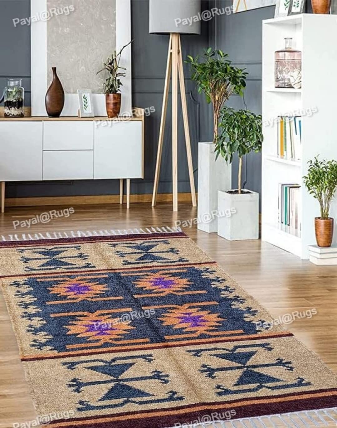 Handcrafted 5x7 Wool Jute Kilim Handmade Multicolor Jute Rug Wool Jute ...