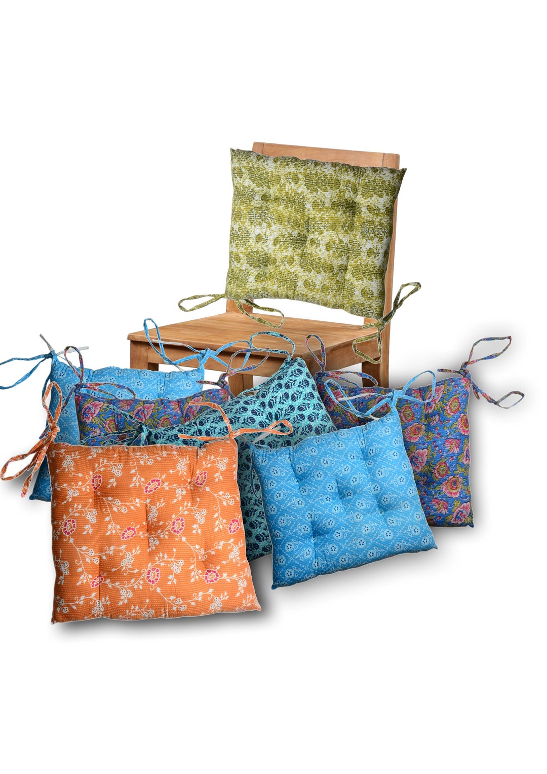 Indian Handblock Printed Floral Chairpad Mixed Assorated With Tie Leafy ...