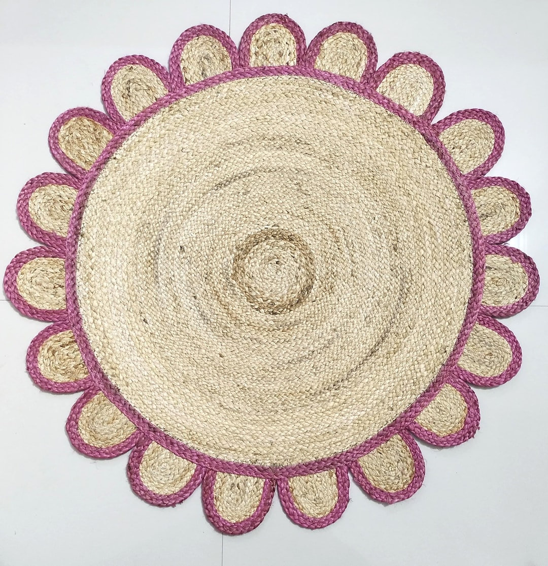 Handwoven Round Jute Rug Neutral Scalloped Border Natural Beige Base ...