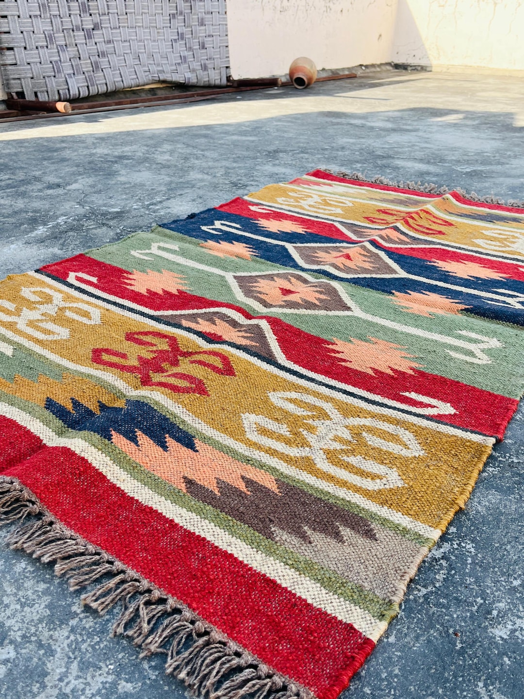 Southwestern Navajo Wool Jute Area Rug, Bohemian Kilim Rug, Navajo ...