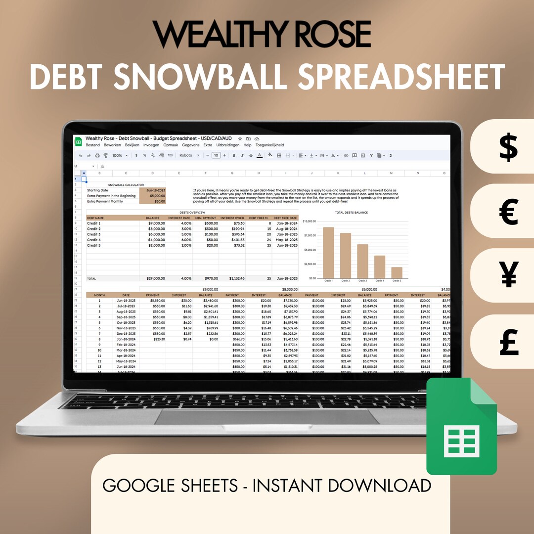 Wealthy Rose DEBT SNOWBALL Spreadsheet Template for Google Sheets ...