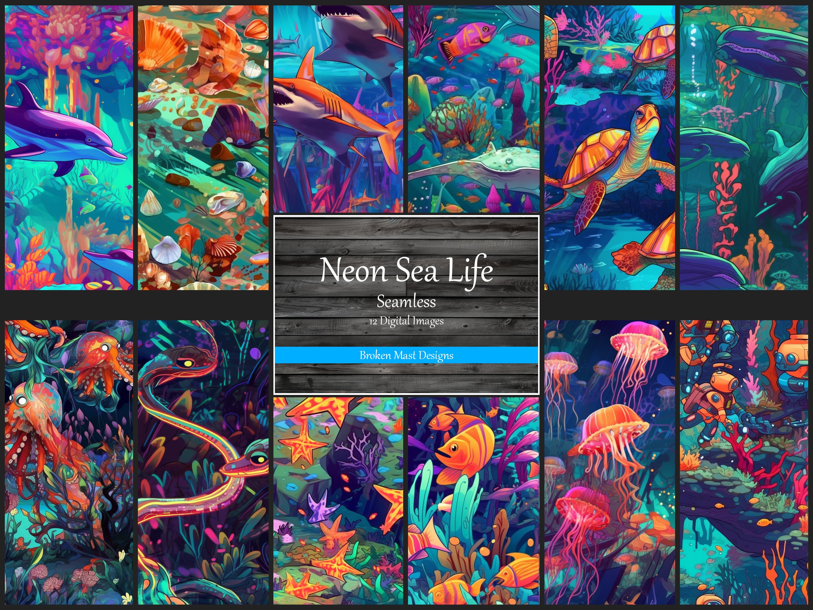 12 Neon Sea Life Themed Digital Papers. Seamless Patterns for Scrap ...